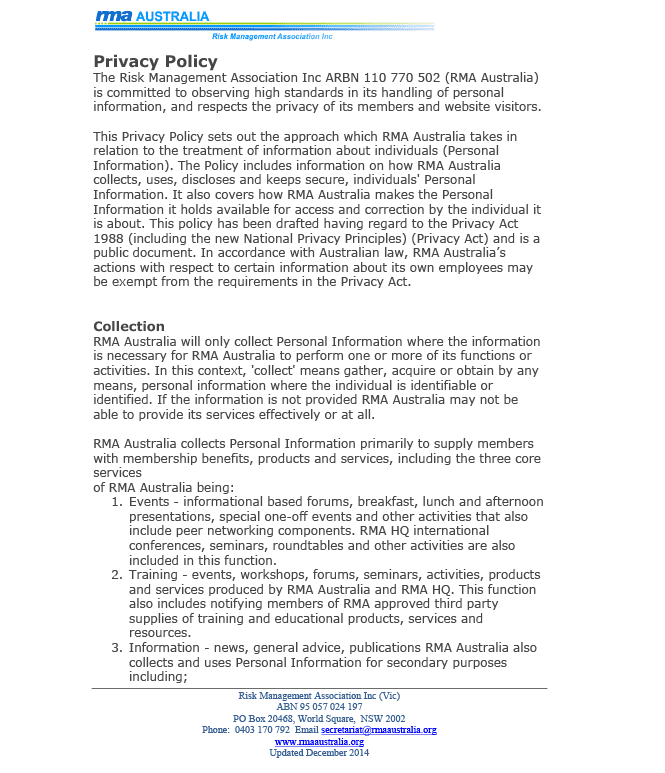Privacy Policy - RMA Australia